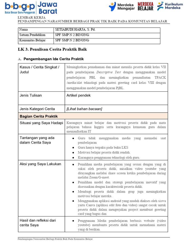 LK 3 Penulisan Cerita Praktik Baik SBH | PDF