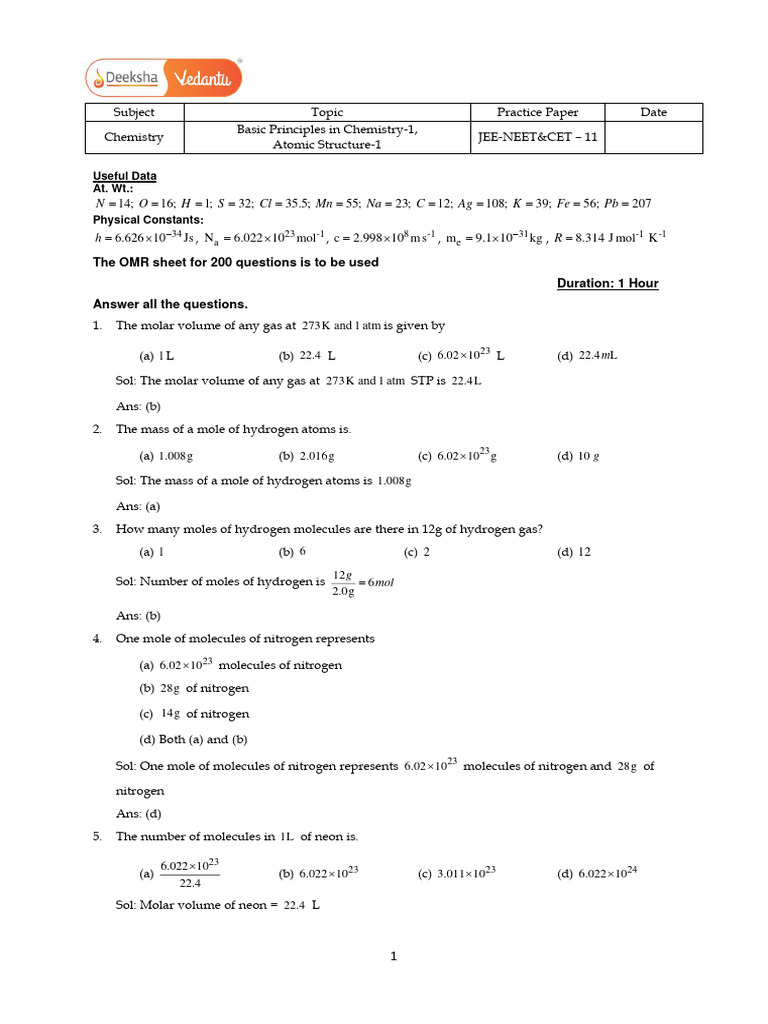 Chemistry Practice Paper: Atomic Structure | PDF | Mole (Unit) | Electron