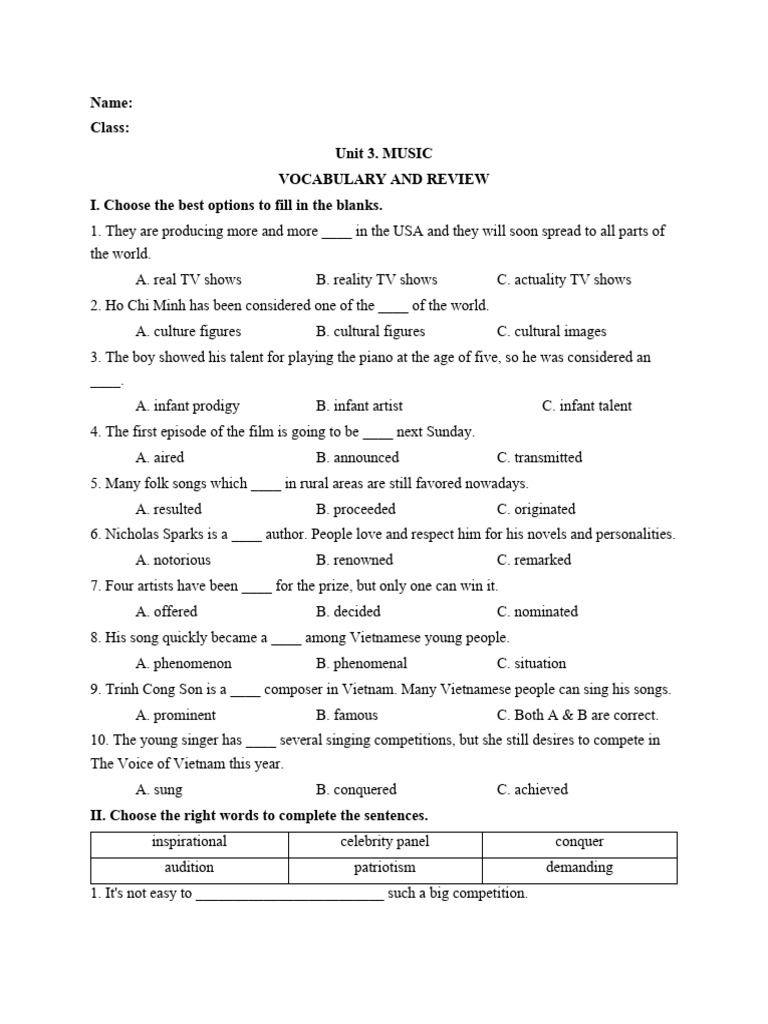 Music Vocabulary and Review Quiz | PDF | Vietnam | Entertainment