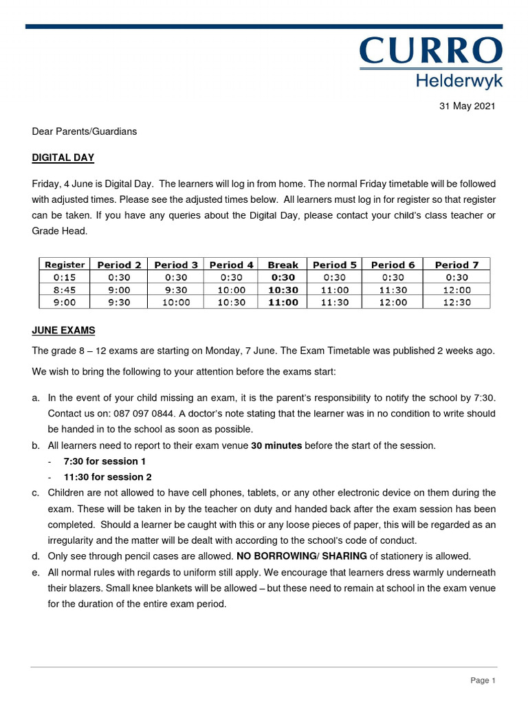 Principal's Exam Guidelines for Parents | PDF | Wellness