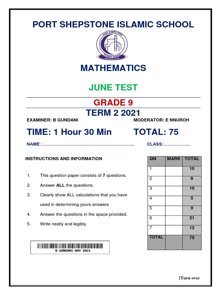 Gr9 Psis Term 2 Test 2021 | PDF | Mathematics Gr9 Psis Term 2 Test 2021 | PDF | Mathematics