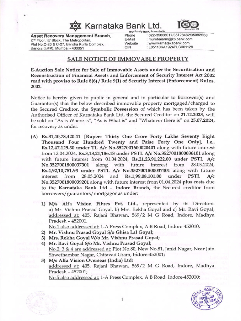 E Auction Sale Notice Alfa Vision Fibres and Overseas PF 1250 1251 | PDF