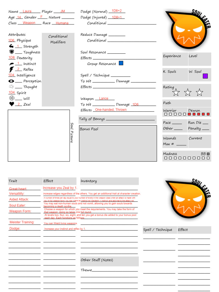 Soul Eater RPG - Character Sheet V1.1 | Download Free PDF | Role Playing Video Games | Role ...