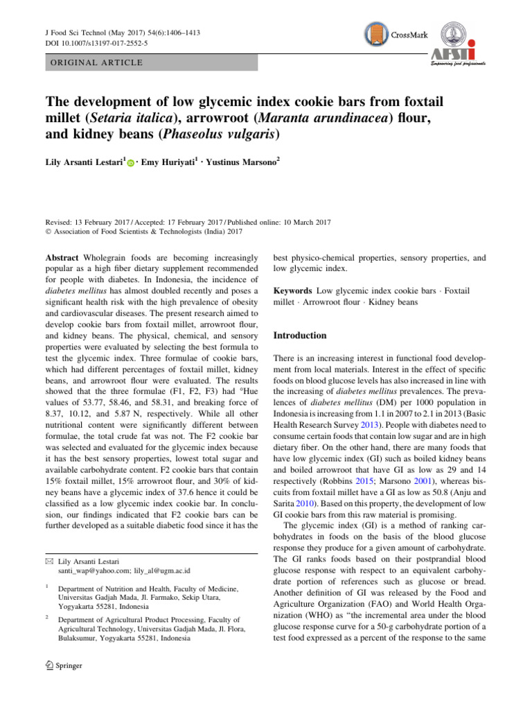Lestari Et Al 2017 Development of Low GI Cookie Bars From Foxtail ...