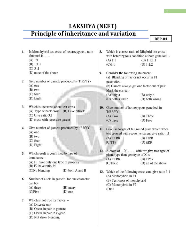 Principles of Inheritance and Variation DPP - 04 | PDF | Zygosity | Biology