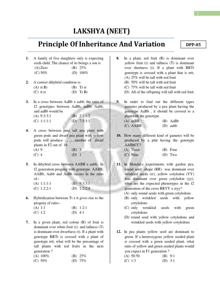 Principles of Inheritance and Variation DPP - 05 | PDF | Genotype ... Principles of Inheritance and Variation DPP - 05 | PDF | Genotype ...