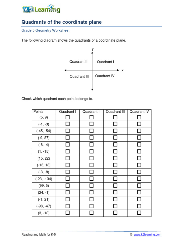 Grade 5 Geometry Quadrants Coordinate Plane B | PDF | Cartesian ...