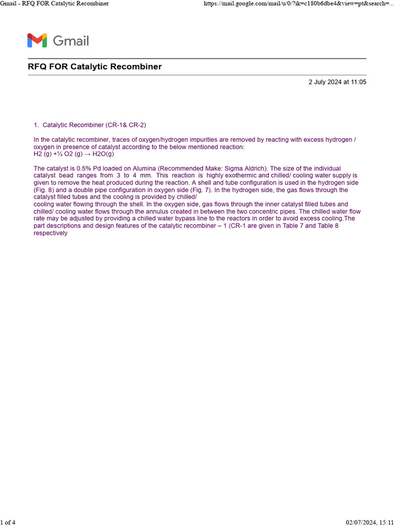 Gmail - RFQ FOR Catalytic Recombiner | PDF | Catalysis | Water