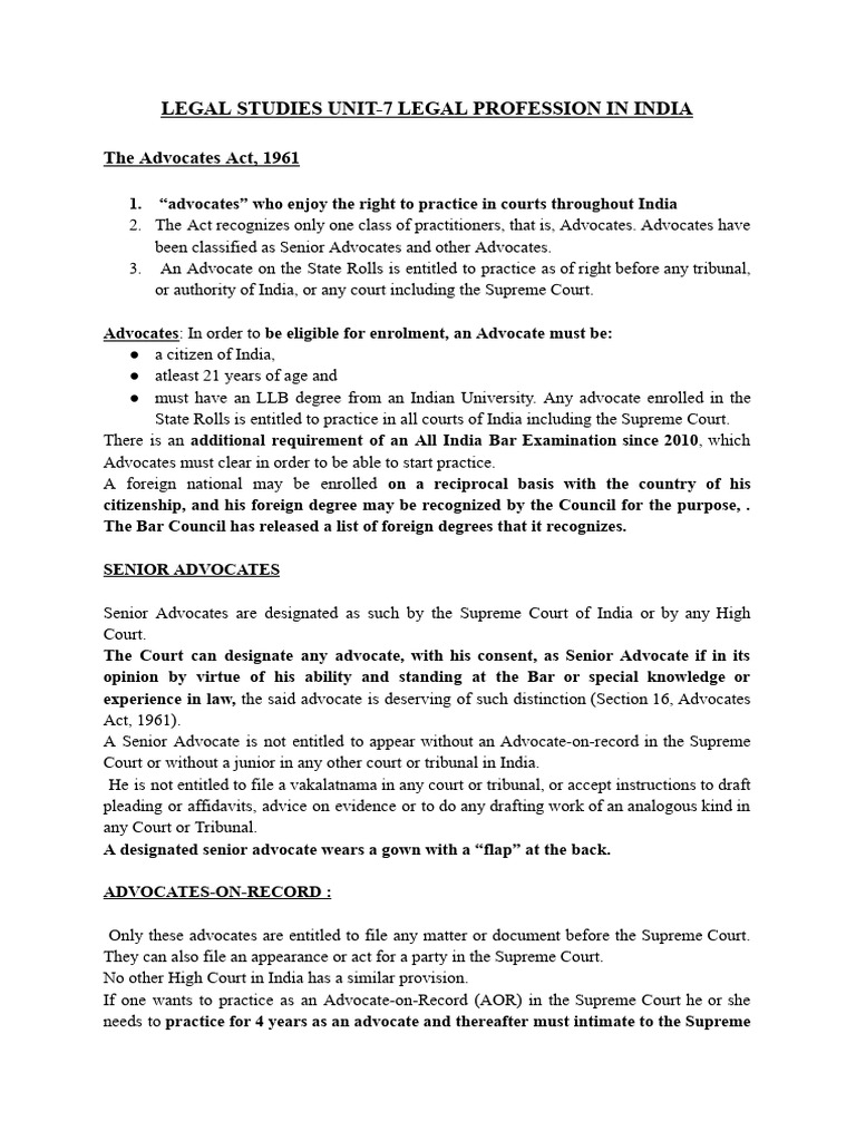 Legal Profession in India: Unit 7 Notes | PDF | Advocate | Lawyer