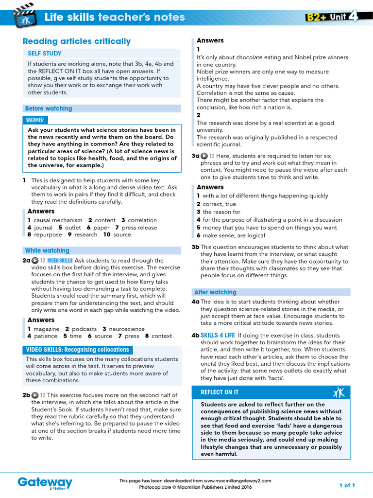 B2+ UNIT 4 Life Skills Video Teacher's Notes | PDF | Science | News