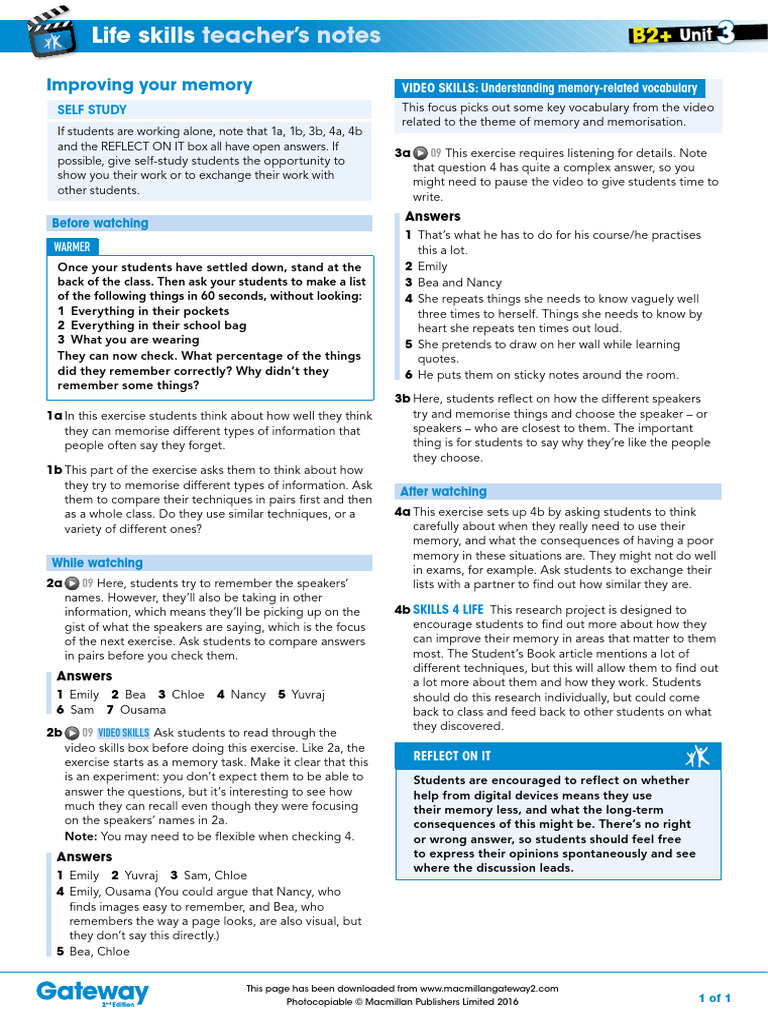 B2+ UNIT 3 Life Skills Video Teacher's Notes | PDF | Memory | Learning