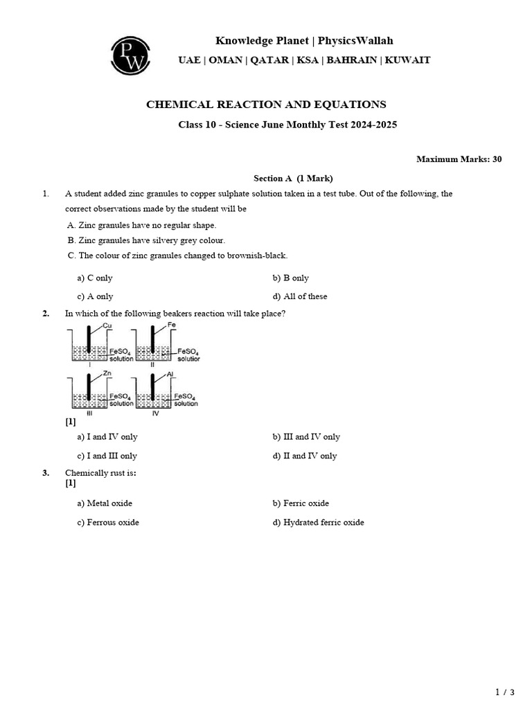 Grade - 10 - Chemical - Reaction - Sudhanshu 30 Marks | PDF ...