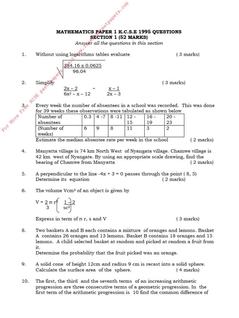 KCSE 1995 Mathematics Paper 1 Questions | PDF | Mathematics