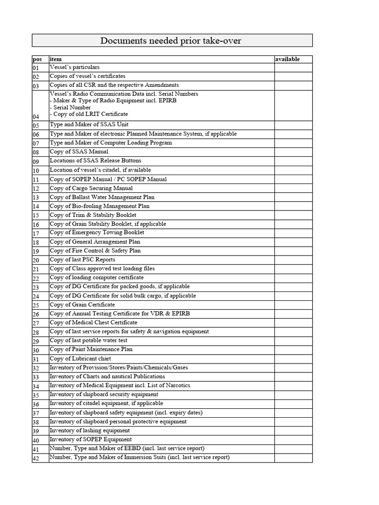 Vessel Takeover Document Checklist | PDF