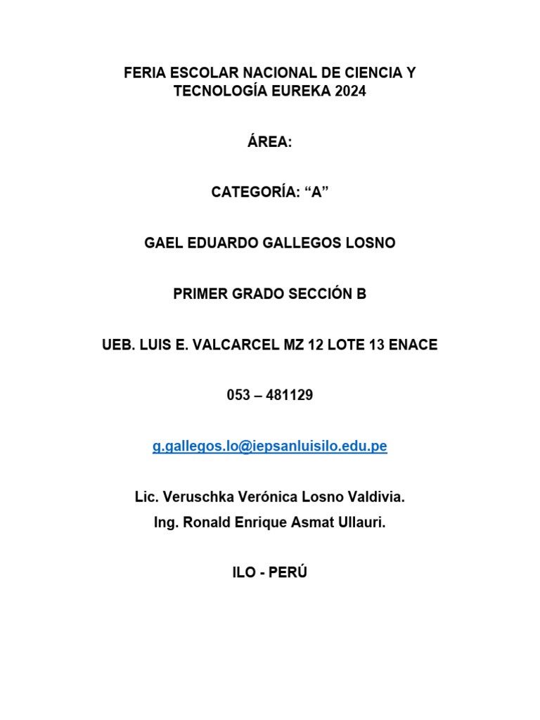 Feria Escolar Nacional de Ciencia y Tecnología Eureka 2024 | PDF