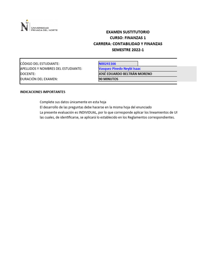 UPN - FIN1-S9.0-ES (Vasquez Pinedo Neybi Isaac) Enunciado | PDF | Interés | Tasas de interés