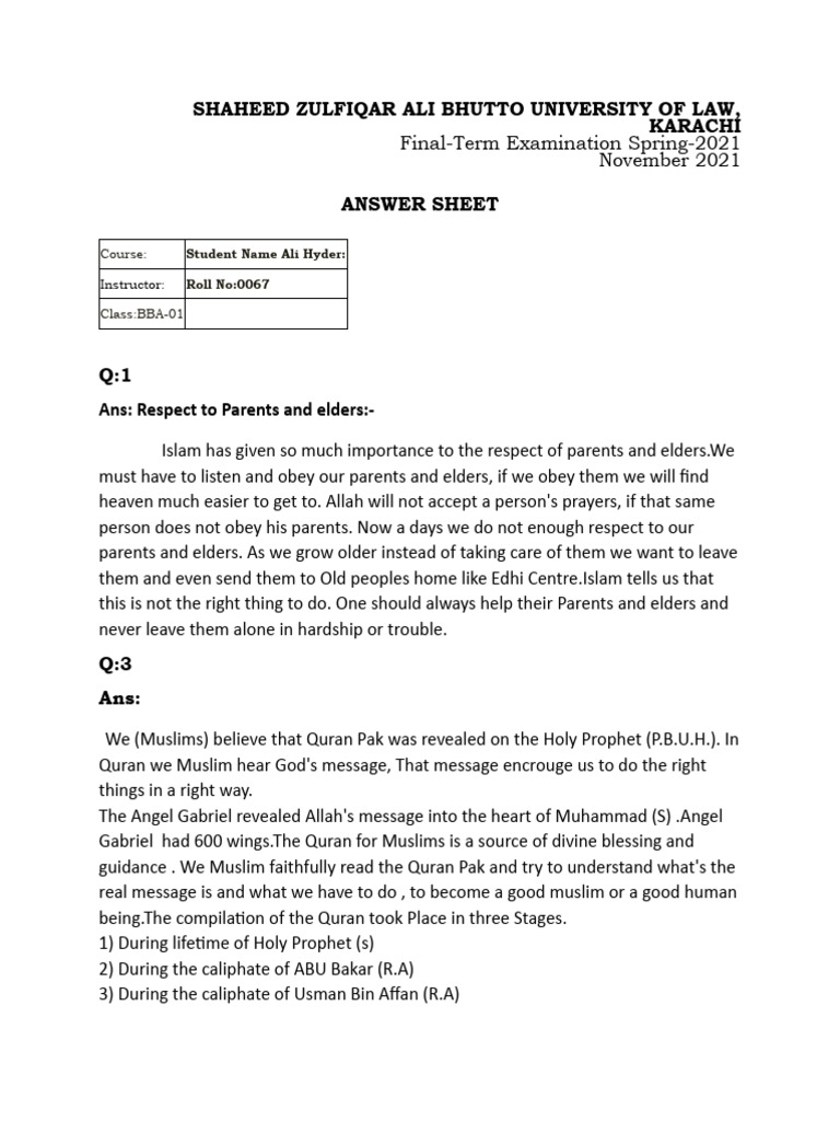 Islamiat Answer Sheet | PDF | Quran | Islam