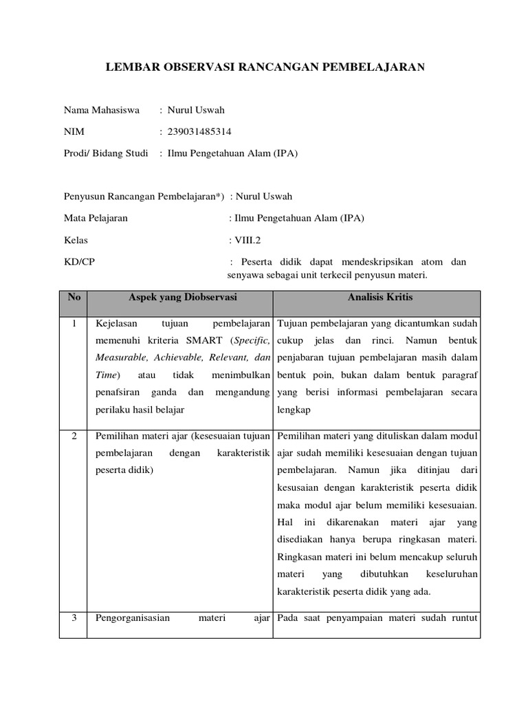 Nurul Uswah - LK 3-Lembar Observasi Rancangan Pembelajaran PPM Siklus 2 | PDF