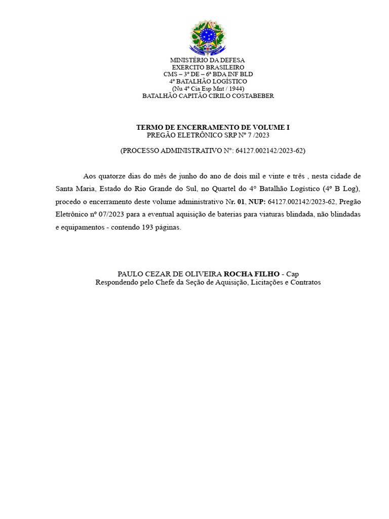 Termo de Encerramento - Volume I | PDF