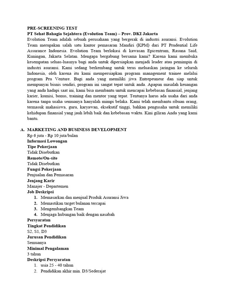 PRE-SCREENING TEST - Business Development | PDF | Brand | Learning