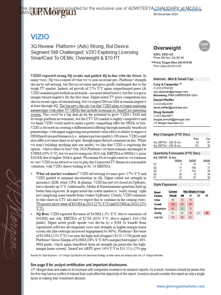 JP Morgan VZIO VIZIO 3Q Review Platform+ (Ads) Strong, But Device Seg ...