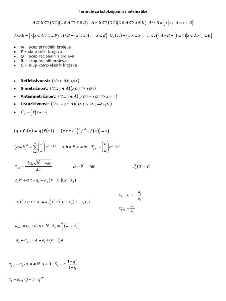 Formule Za Kolokvijum Iz Matematike | PDF