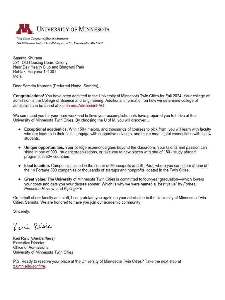 University of Minnesota Offer Letter | PDF | University Of Minnesota
