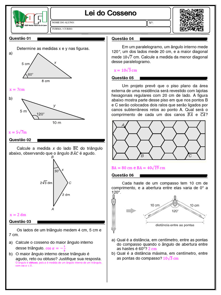 2° Ano - Lei Do Cosseno - GABARITO | PDF | Triângulo | Ângulo