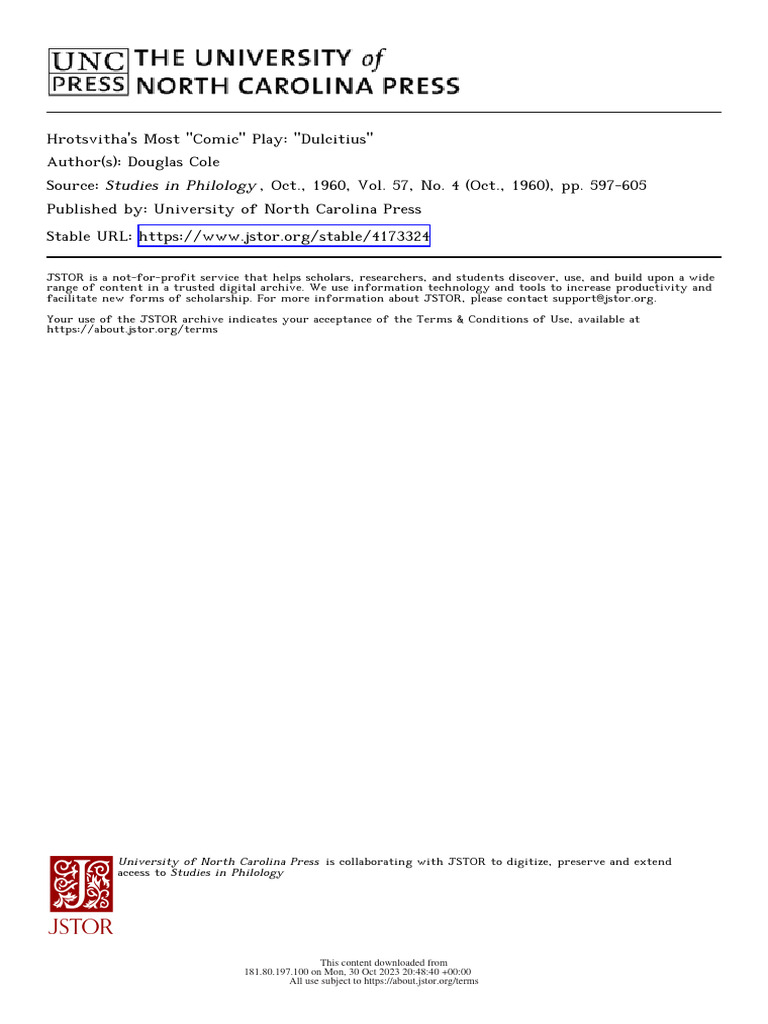 Cole - Hrotsvitha's Most Comic Play (1960) | PDF