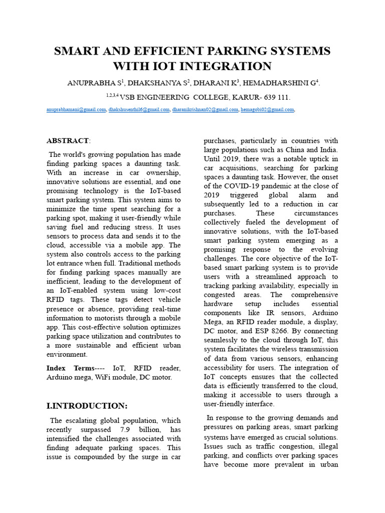 Smart and Efficient Parking Systems With Iot Integration | PDF | Parking | Internet Of Things
