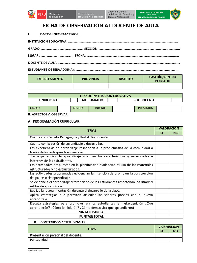 Ficha de Observación Al Docente de Aula 2023 | PDF | Evaluación | Maestros