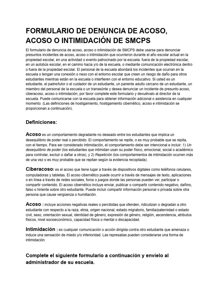 Formulario de Denuncia de Acoso, Acoso O Intimidación de Smcps | PDF ...