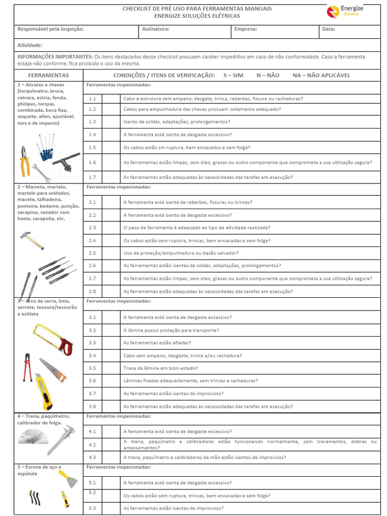 Checklist de Pré Uso de Ferramentas Manuais | PDF