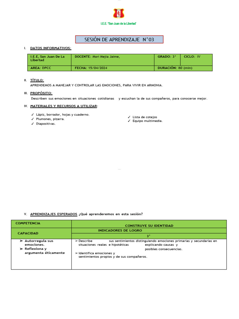 Sesión #03 Unidad 00 DPCC 2024 | PDF | Las emociones | Aprendizaje