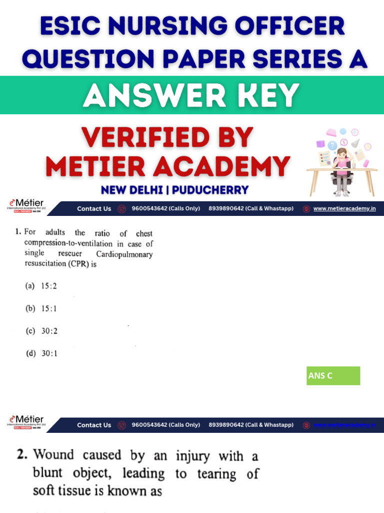 Answer Key ESIC Nursing Officer Exam by Metier Academy | PDF | Health ...