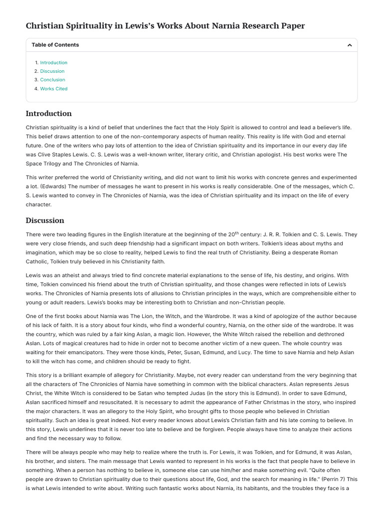 Christian Spirituality in Lewis's Works About Narnia - 869 Words ...