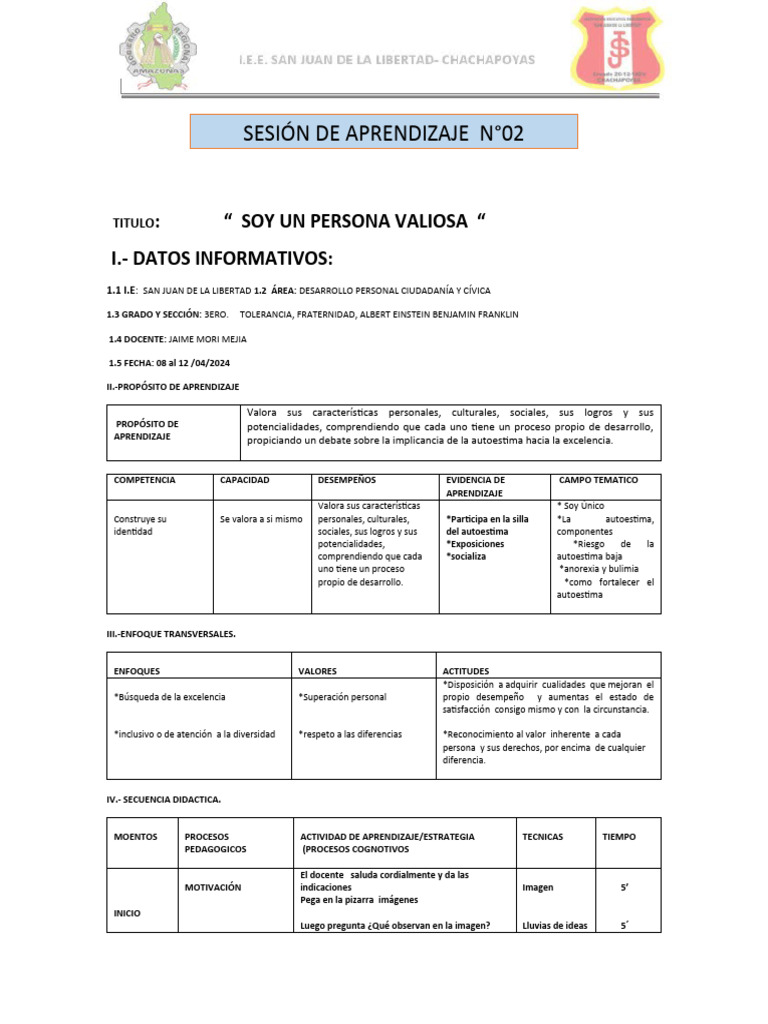 SESIÓN N° 02 UNIDAD 00 DPCC 2024 | PDF | Aprendizaje | Autoestima