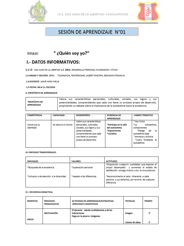 SESIÓN N° 01 UNIDAD 00 DPCC 2024 | PDF | Autoestima | Aprendizaje