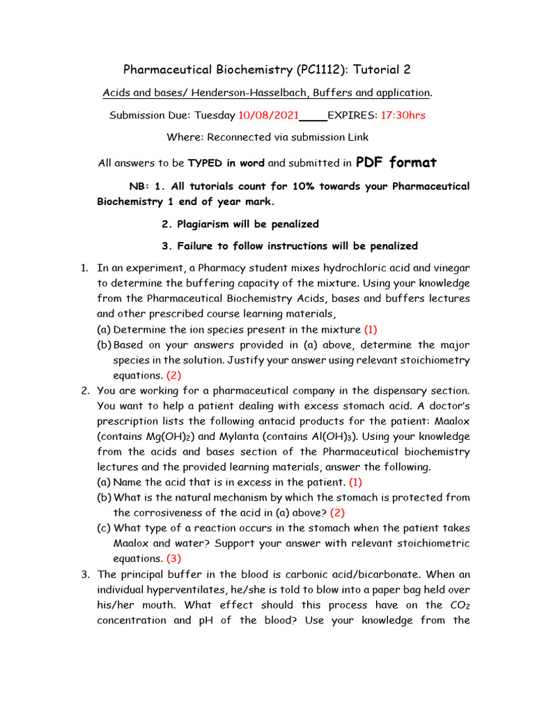 Pharmaceutical Biochemistry Tutorial 2 | PDF | Buffer Solution | Ph