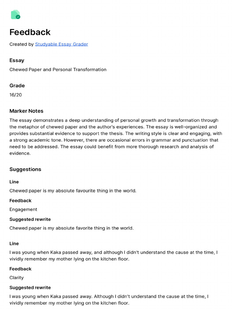 Essay Feedback - Chewed Paper and Personal Transformation | PDF