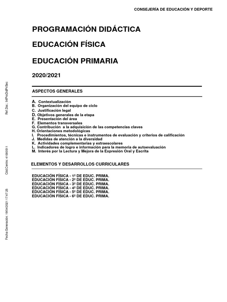 ImportanteEducacionFisica Programaciones Didacticas | PDF | Educación primaria | Plan de estudios