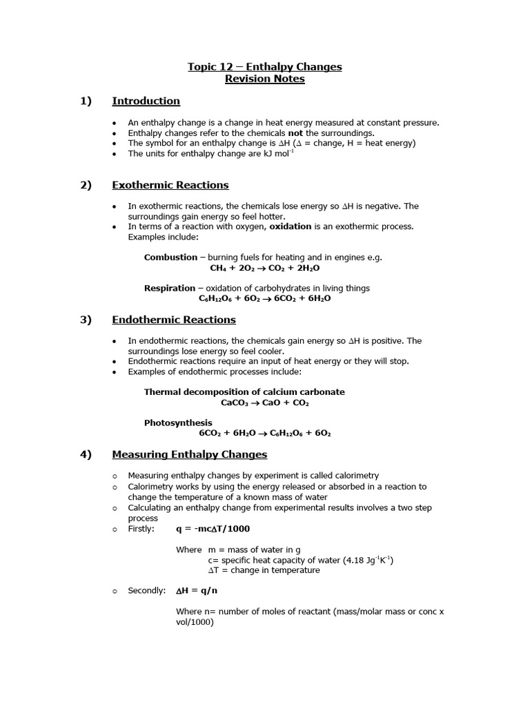 As Test 12 Notes - Enthalpy Changes | PDF | Combustion | Enthalpy