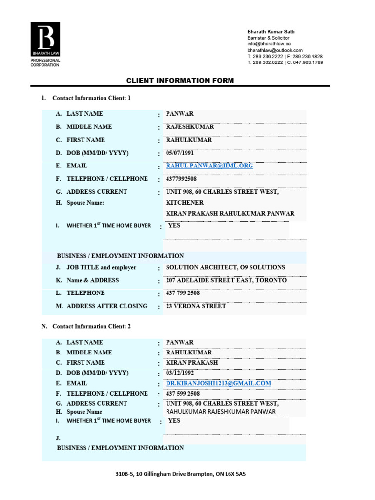 Client Information Form | PDF | Condominium | Property Law