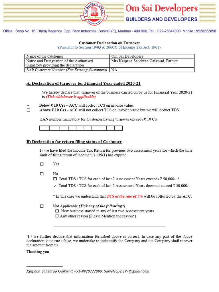 Declaration Fom - Customers | PDF | Public Finance | Taxation