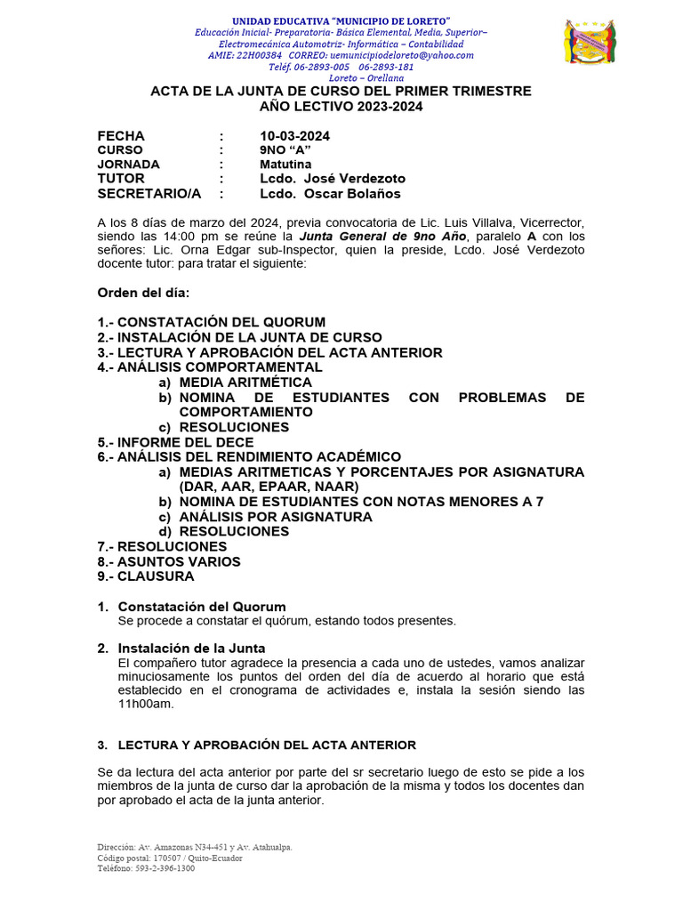 Acta de Junta de Curso 9no B I Q Rendi-1 | PDF | Aprendizaje