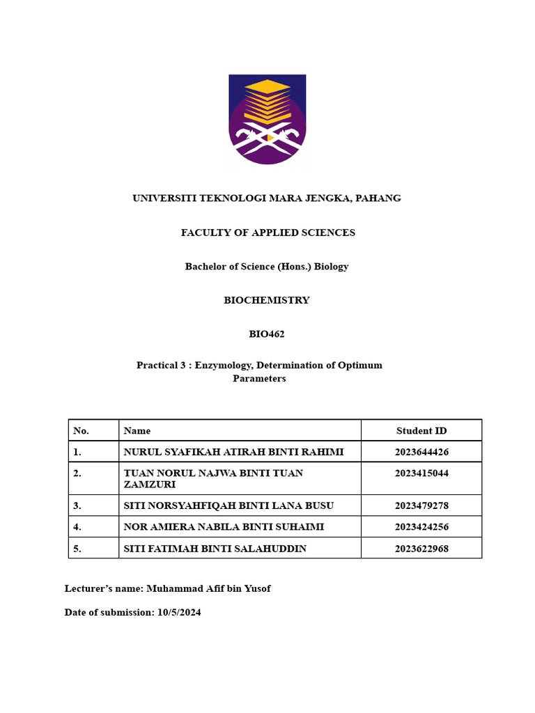 Bio462 Practical 3 | PDF | Enzyme | Spectrophotometry