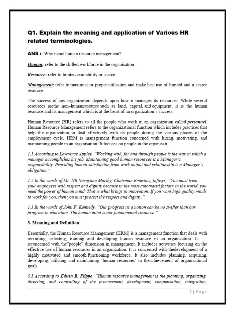 Q1. Explain The Meaning and Application of Various HR Related Terminologies | PDF | Human ...