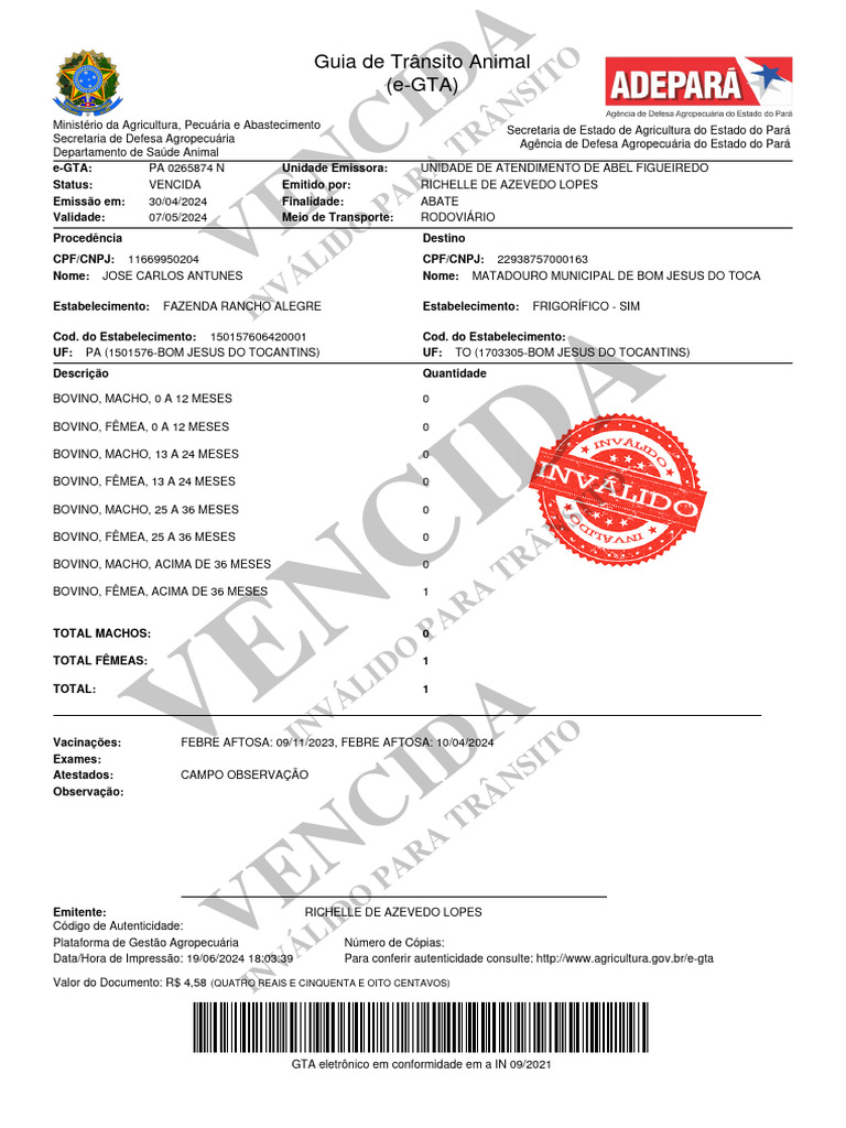 Guia de Trânsito Animal - e-GTA PA | PDF