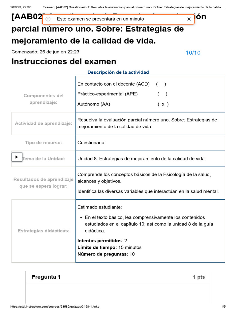 Examen - (AAB02) Cuestionario 1 - Resuelva La Evaluación Parcial Número ...