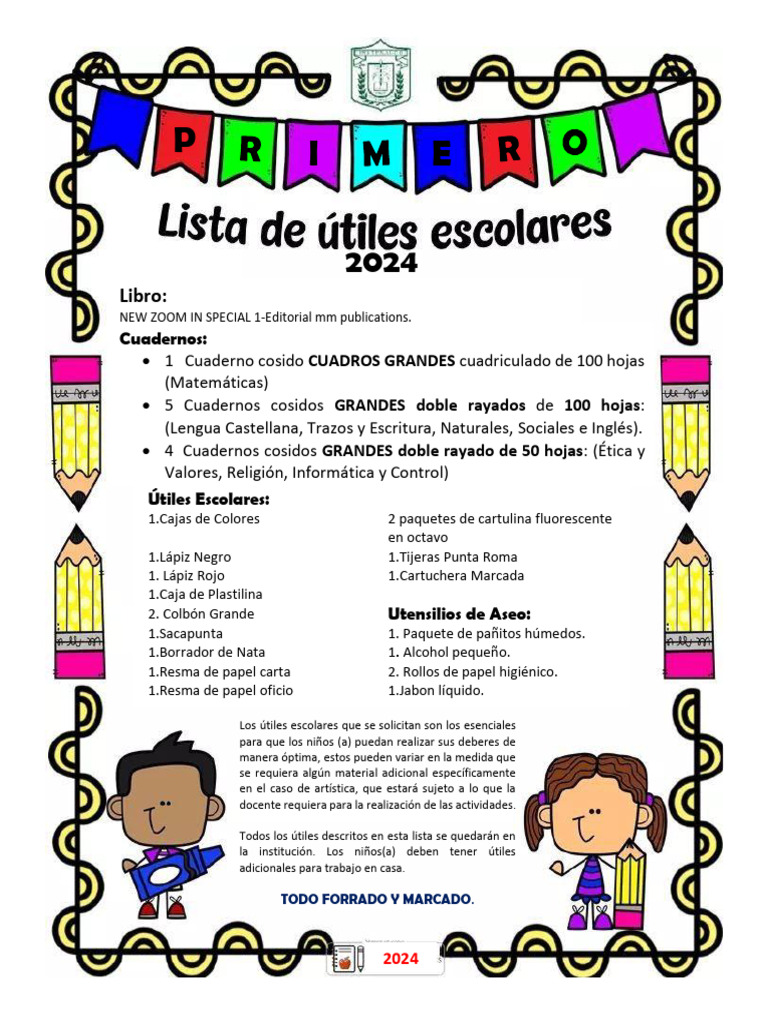 LISTA DE UTILES PRIMER GRADO 2024 PRIMER GRADO 0riginal | Descargar gratis PDF | Papel | Cuaderno